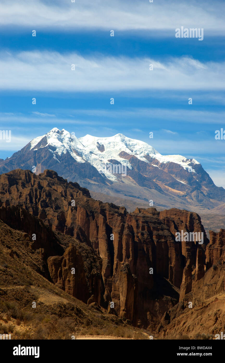 Looking down Palca Canyon, and in the background Mount Illimani, close ...