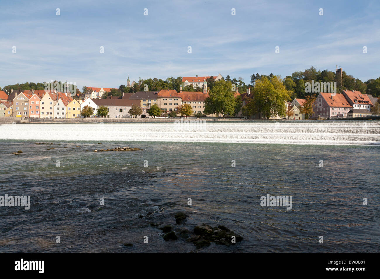RIVER LECH, LECHWEHR WEIR, CITYSCAPE, LANDSBERG AM LECH, BAVARIA ...