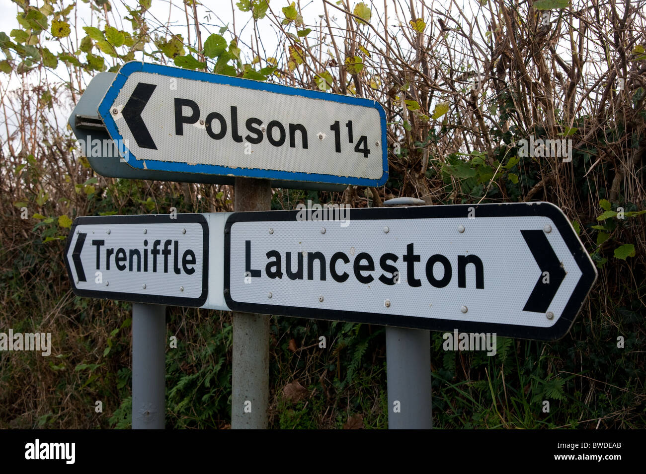 Signpost in rural Cornwall showing way to a location with a very ...