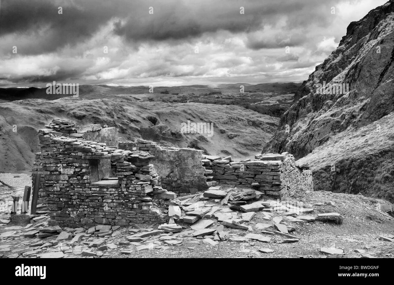 Disused mine buildings at slate mine, Coniston Old Man, Lake District ...