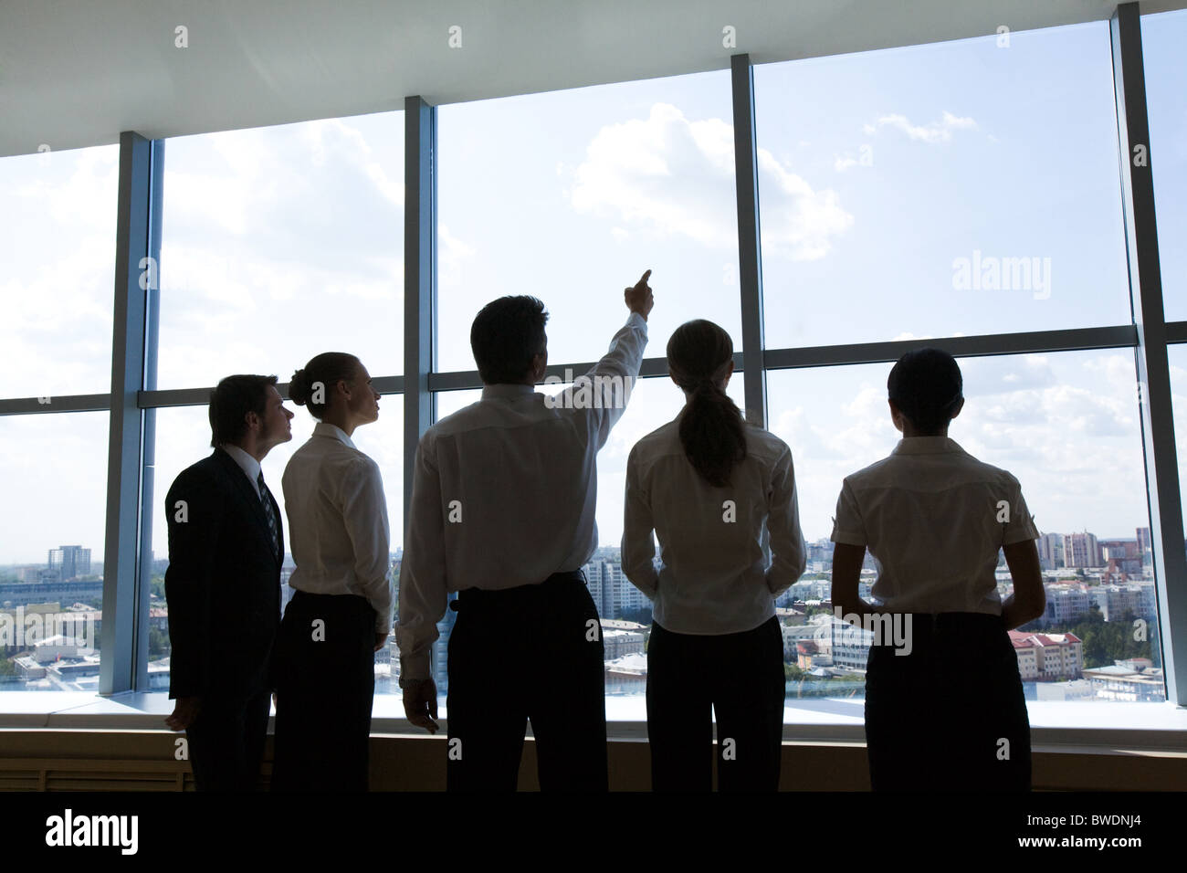 Rear view of business group standing in row and looking through window ...