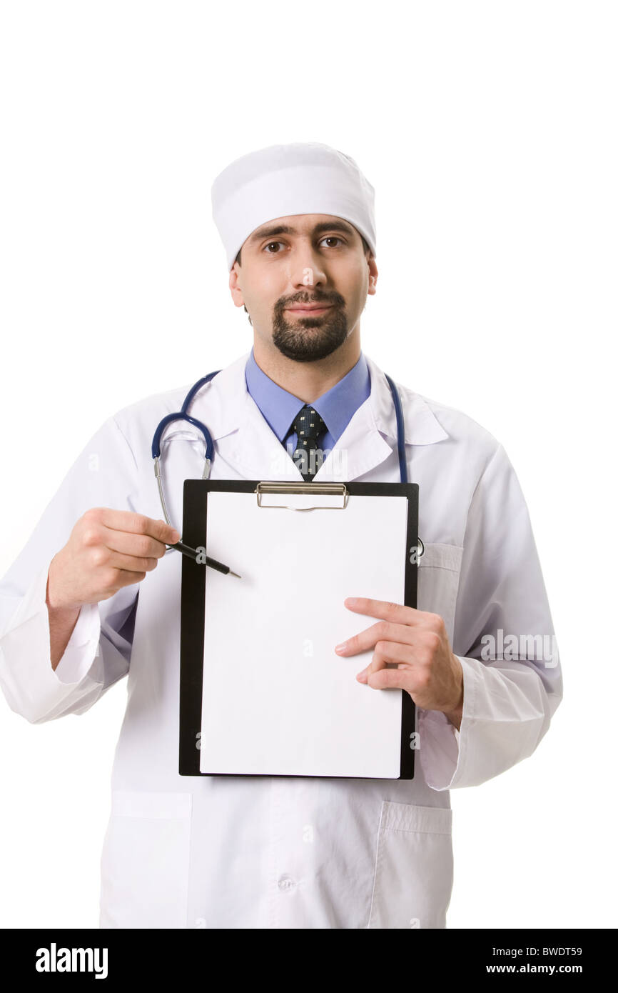 Portrait of confident doctor pointing at paper in his hands Stock Photo ...