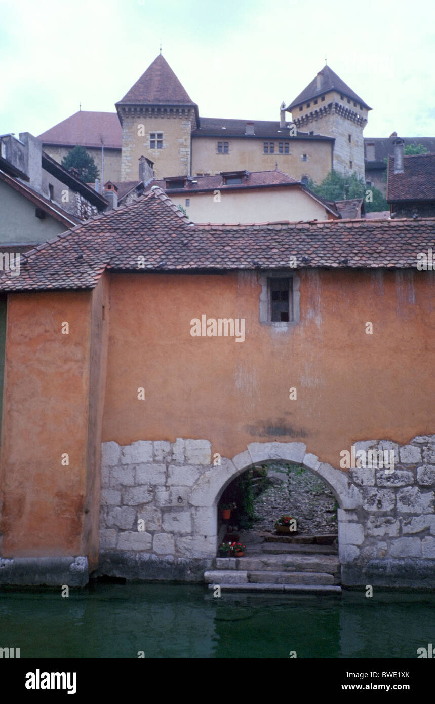 Typical old Annecy house with landing place on the Thiou river, Annecy ...