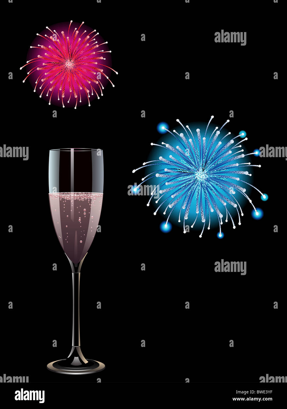 Glass of pink champagne with exploding fireworks Stock Photo - Alamy