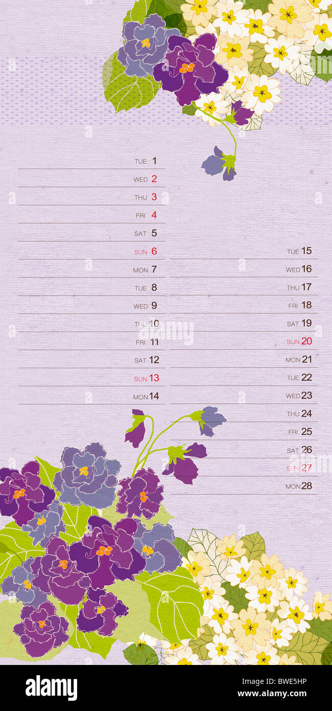 illustration of calendar and flowers Stock Photo - Alamy