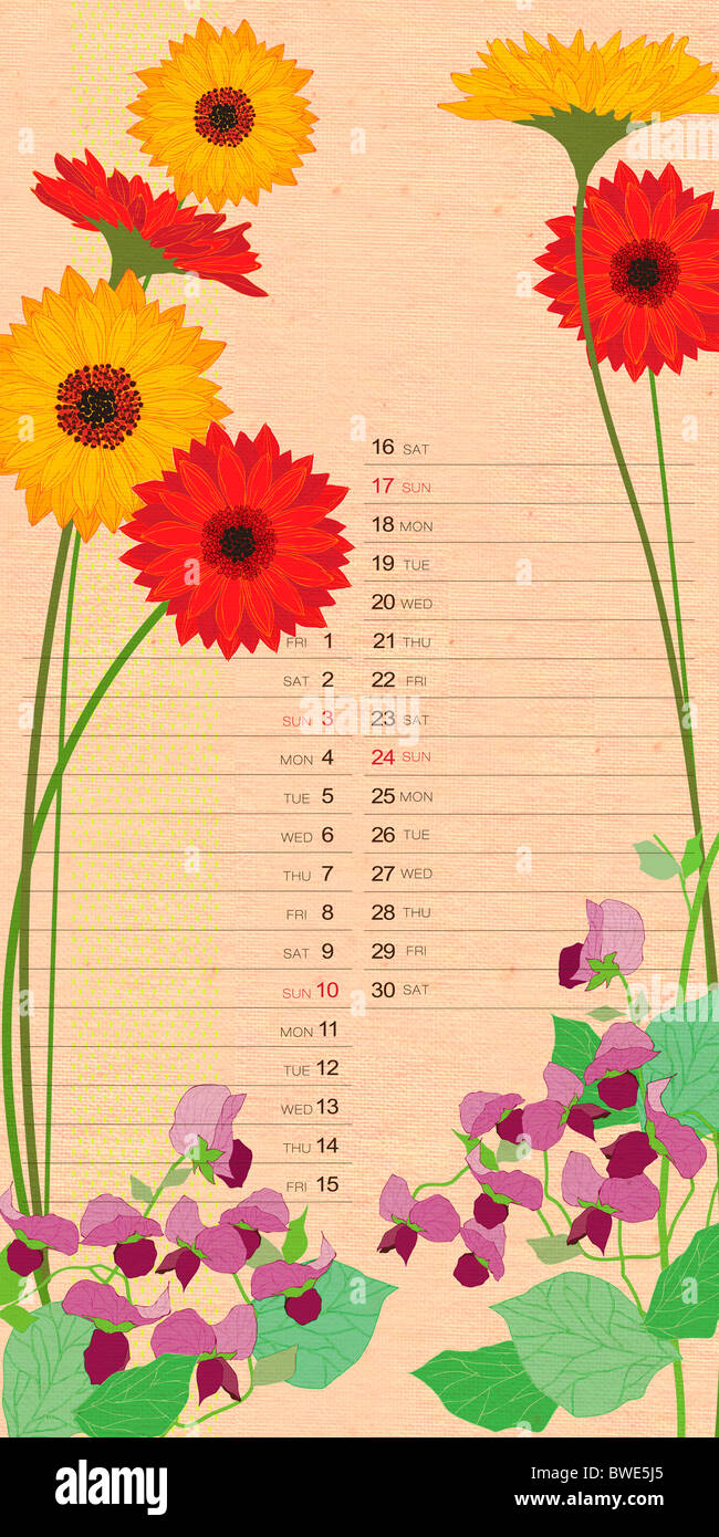 illustration of calendar and flowers Stock Photo - Alamy