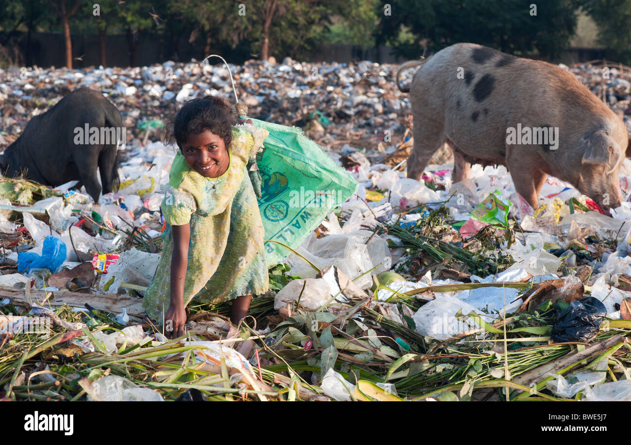 Poor Indian girl picking through an open rubbish tip surrounded by ...