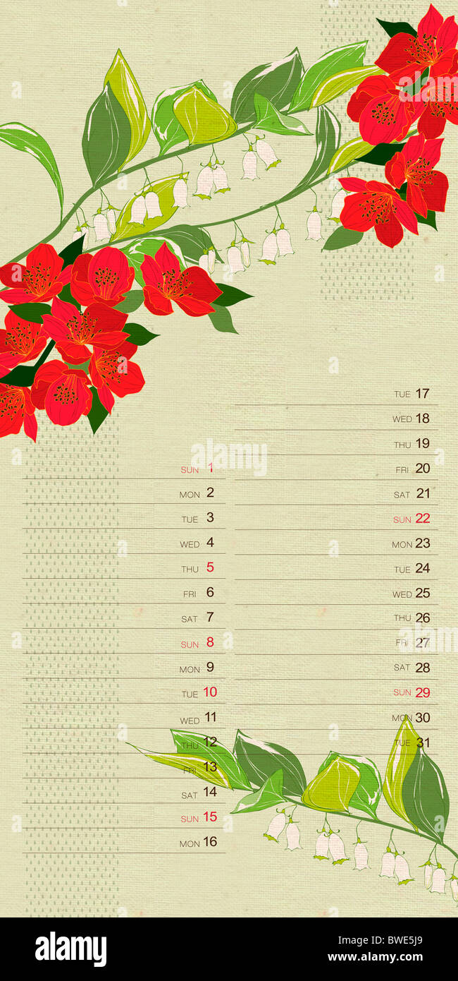 illustration of calendar and flowers Stock Photo - Alamy