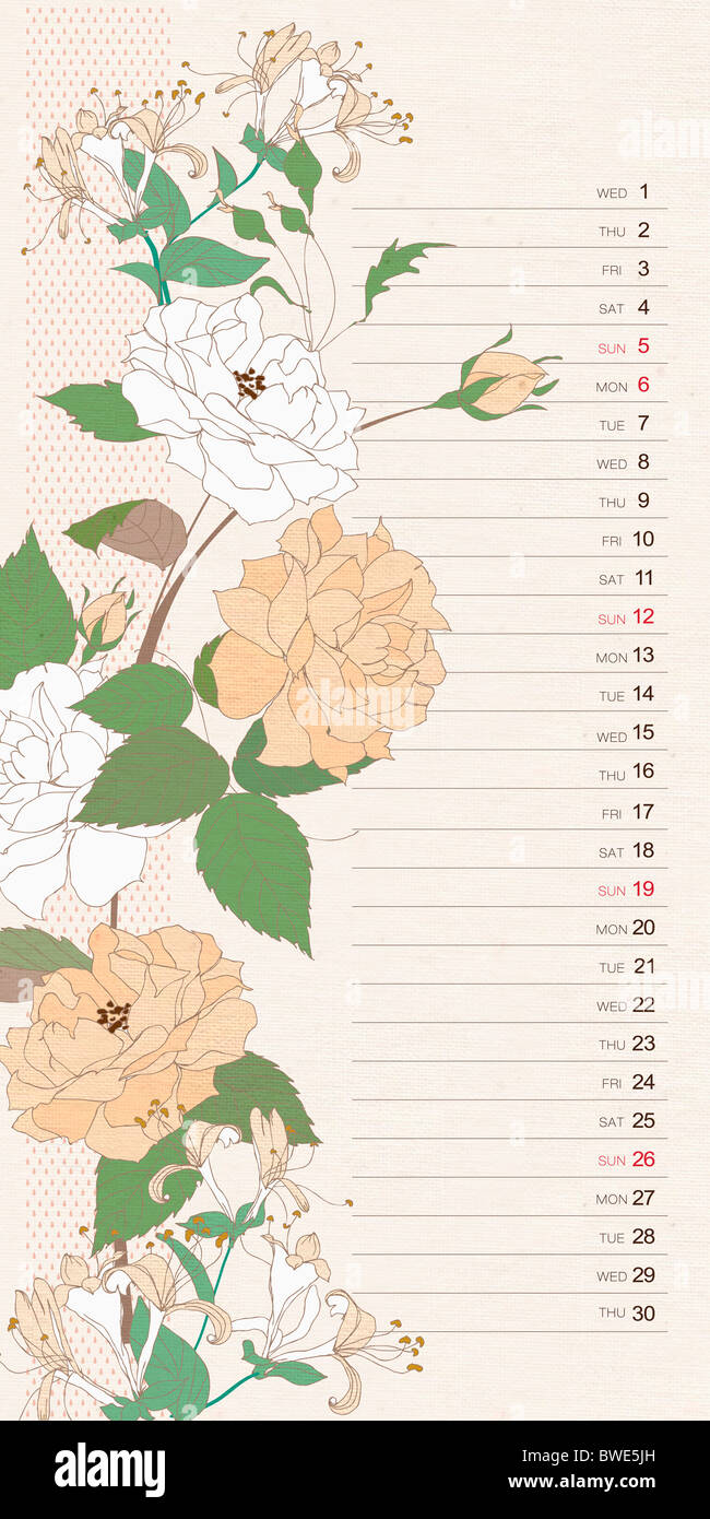 illustration of calendar and flowers Stock Photo - Alamy