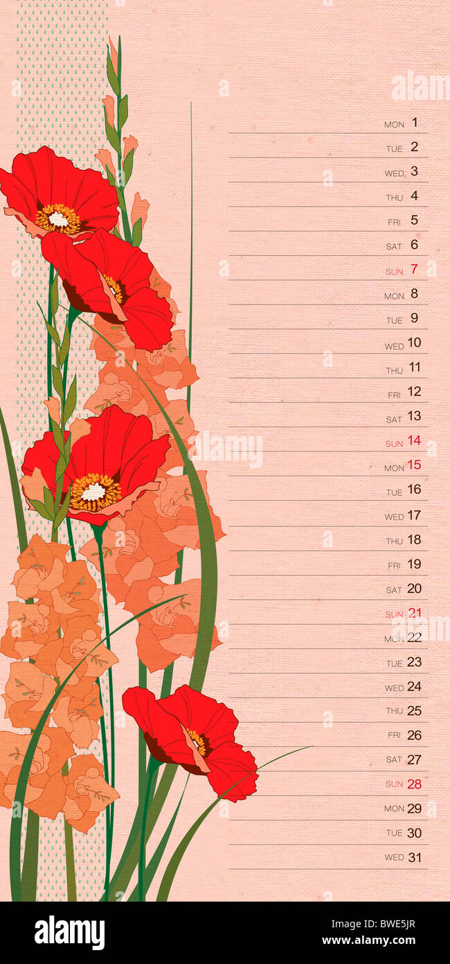illustration of calendar and flowers Stock Photo - Alamy