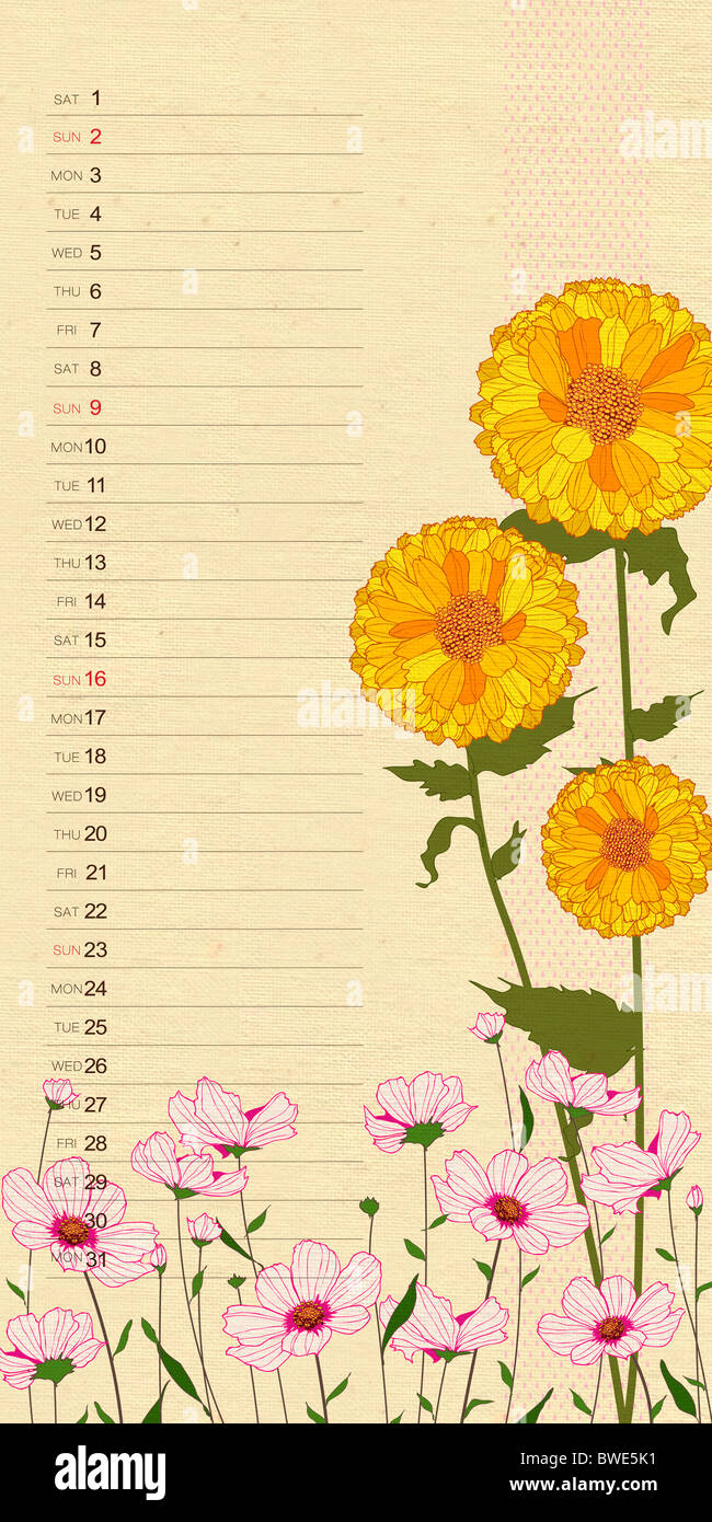 illustration of calendar and flowers Stock Photo - Alamy