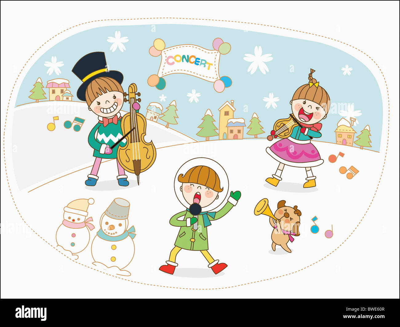 illustration of kids having concert in snow field Stock Photo - Alamy