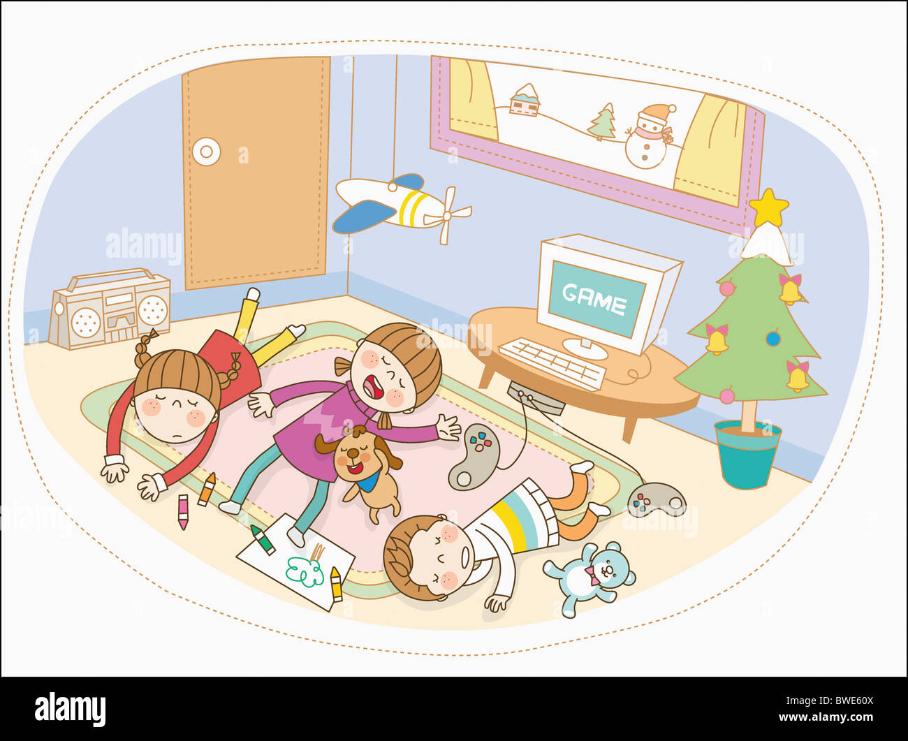illustration of kids taking a nap after game Stock Photo - Alamy