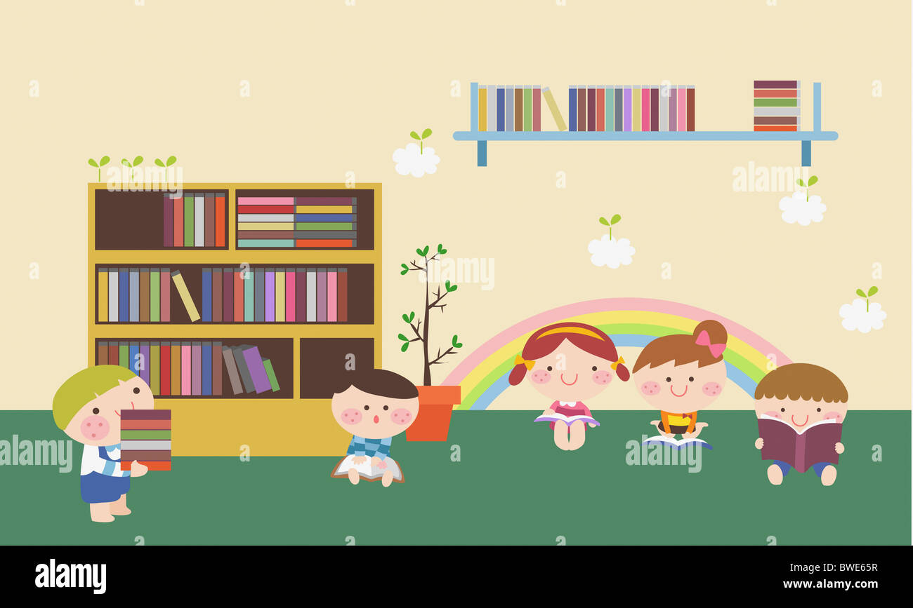 illustration of kids in library Stock Photo - Alamy
