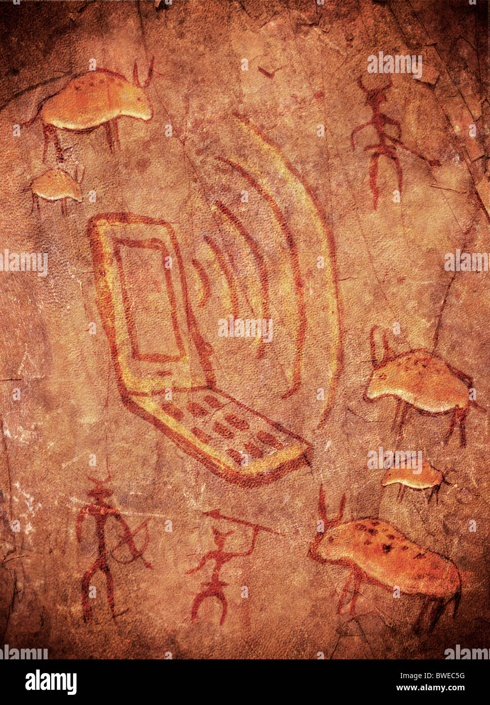 prehistoric cave paint with hunters animals and mobile phone Stock ...