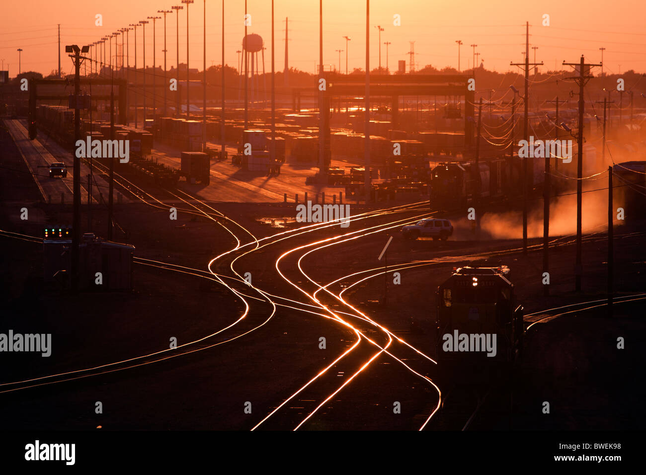 Late afternoon sun shines over an intermodal container yard in Chicago ...