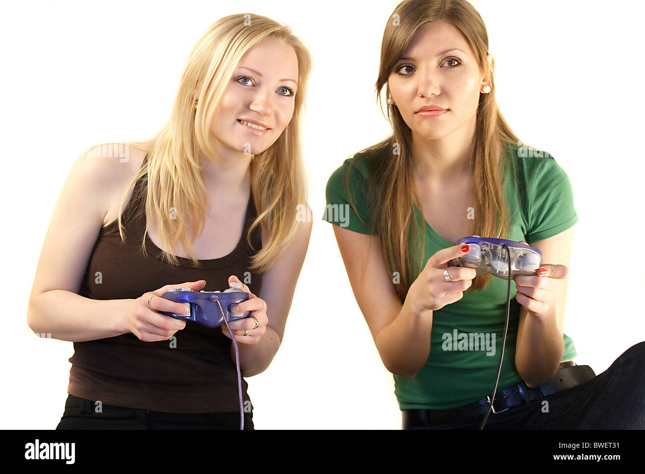 A view of two young girls competing with each other as they play an ...