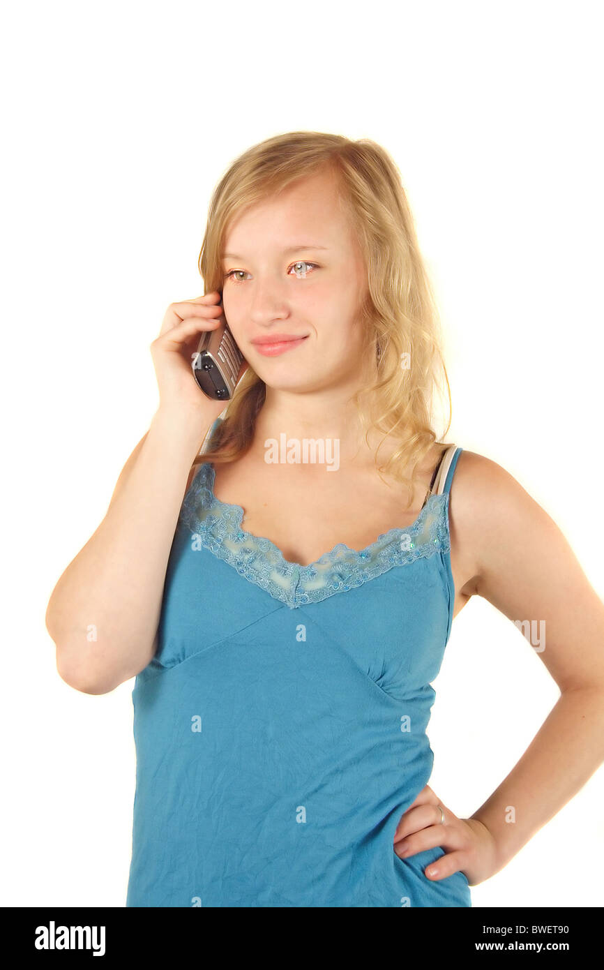 A young handsomewoman gets a positive call. All isolated on white ...