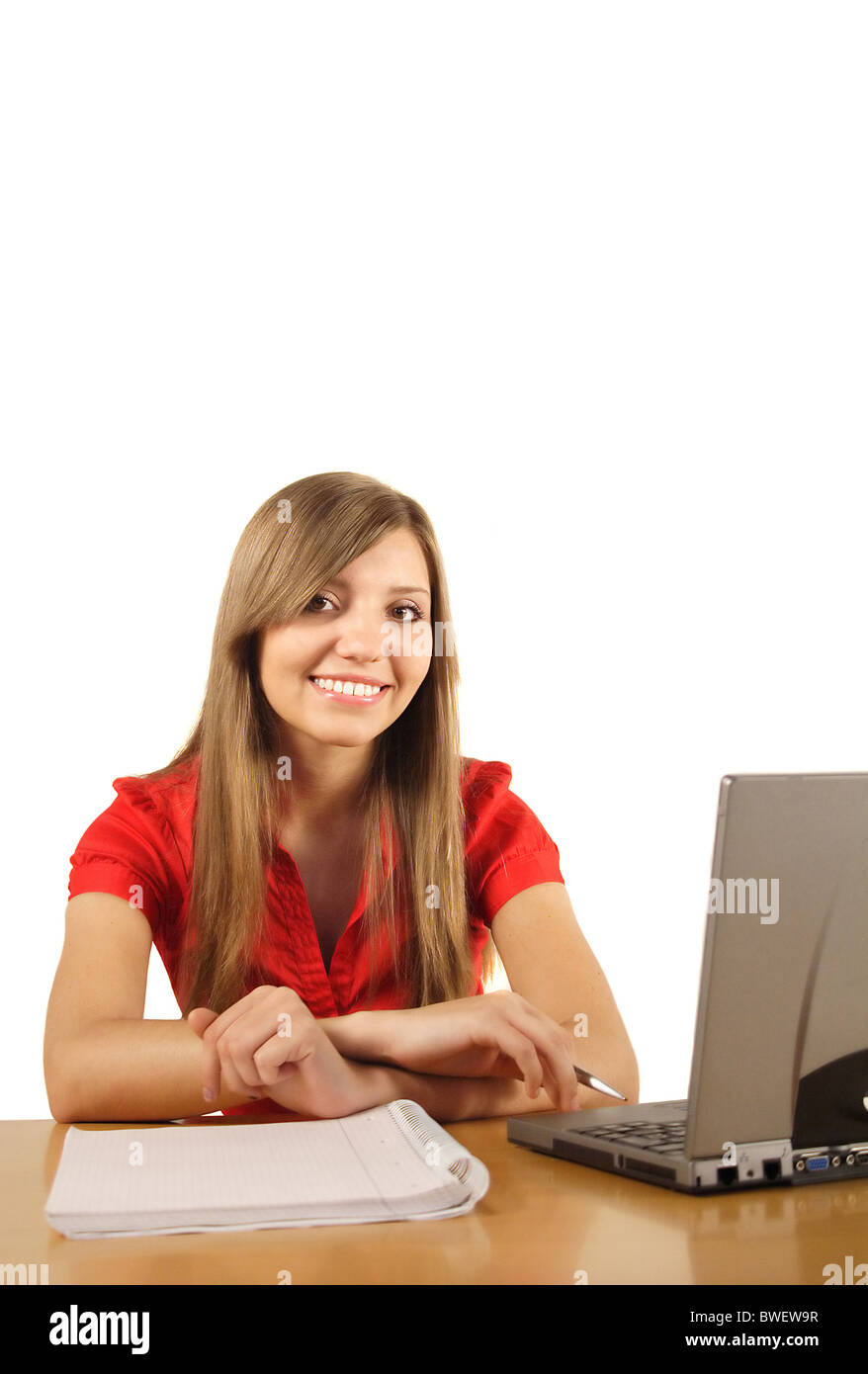 A young ambitious student at her workplace. All isolated on white ...