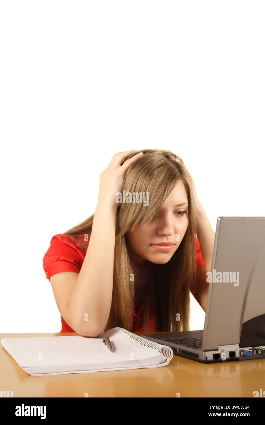 A young handsome woman got a computer problem. All isolated on white ...