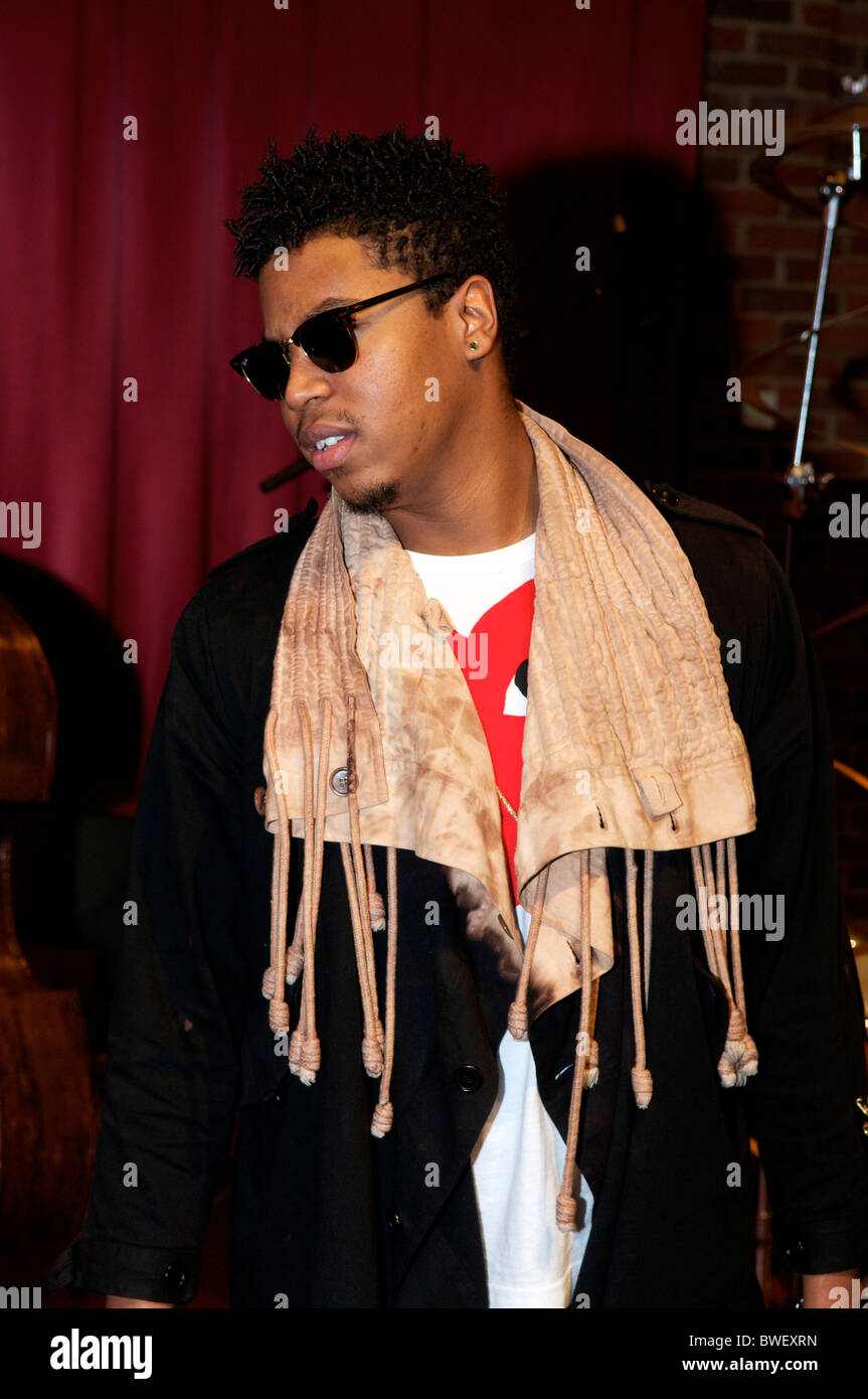 Christian Scott playing his bespoke Adams trumpet during sound checks ...