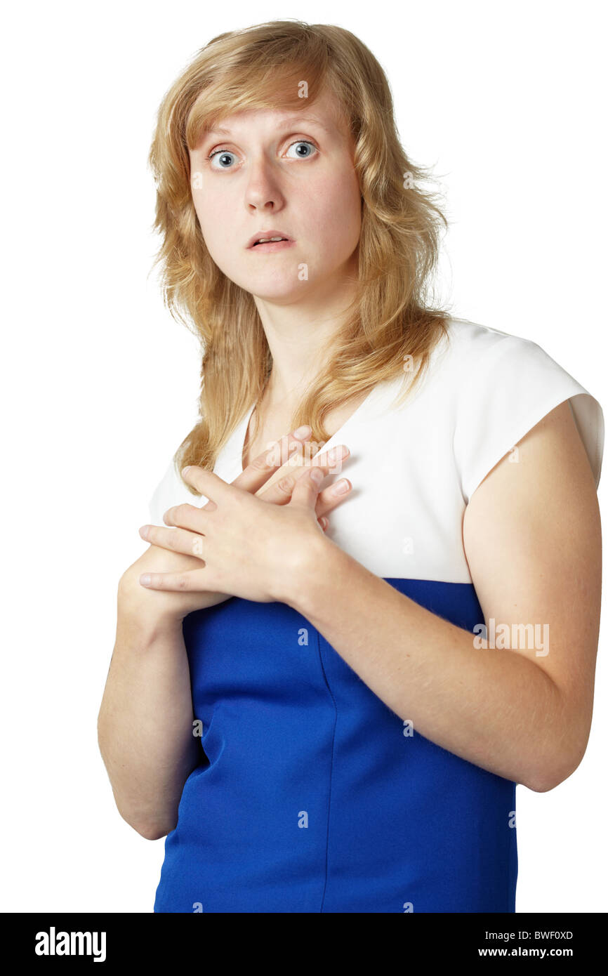 Alarmed a young woman isolated on white background Stock Photo - Alamy