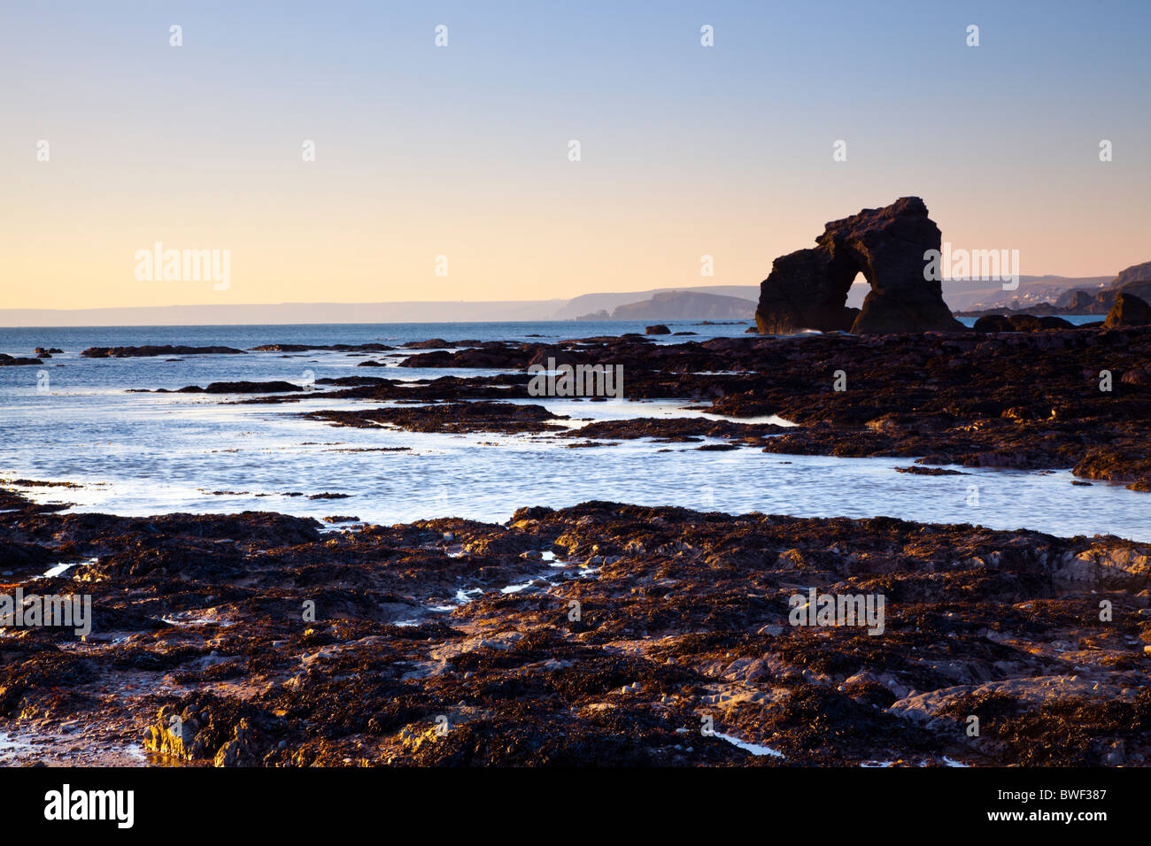 Rocky beach at South Milton Sands Devon England, with Thurlstone Rock ...