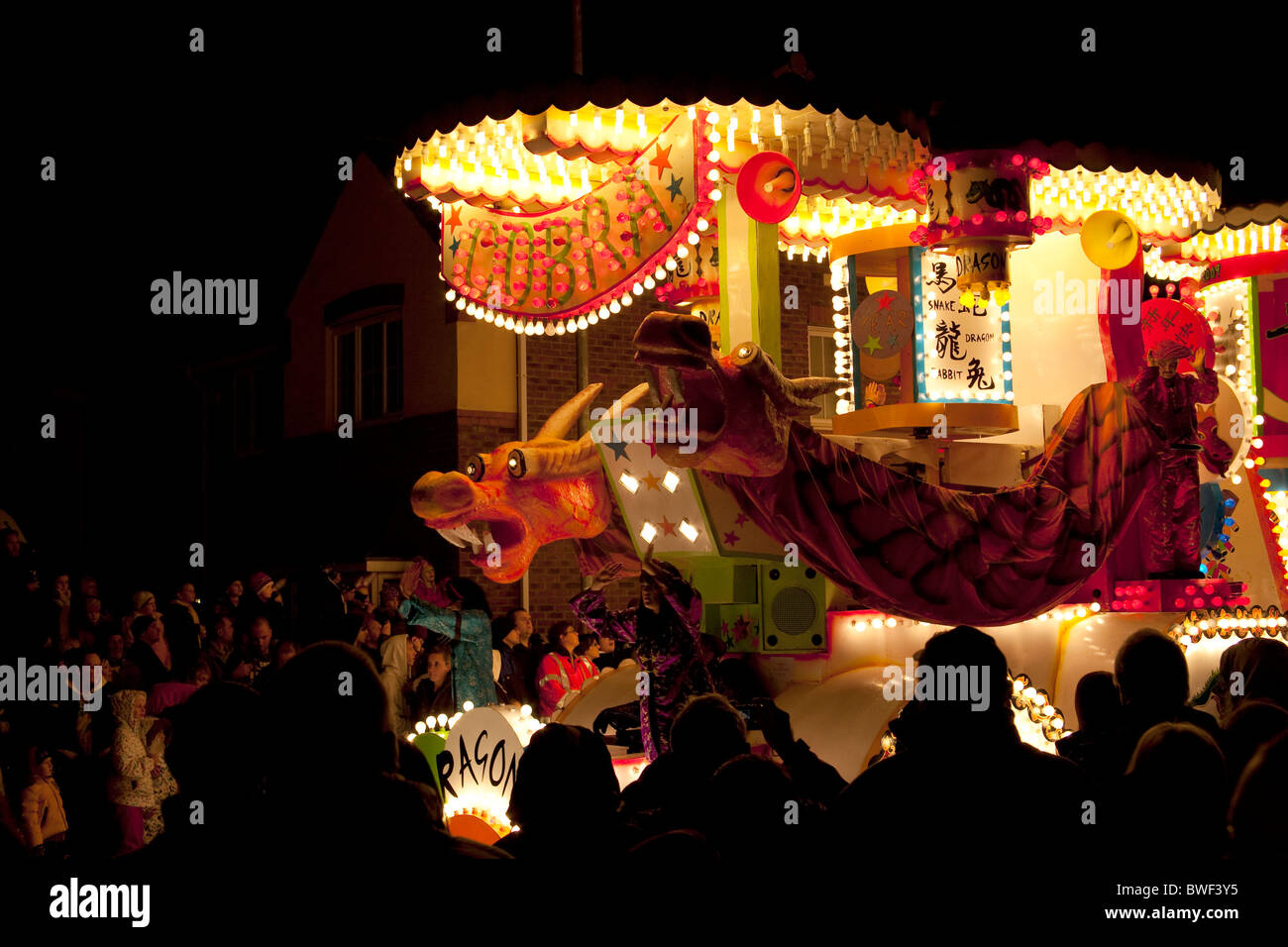 brightly lit carnival floats at burnham on sea somerset UK November ...