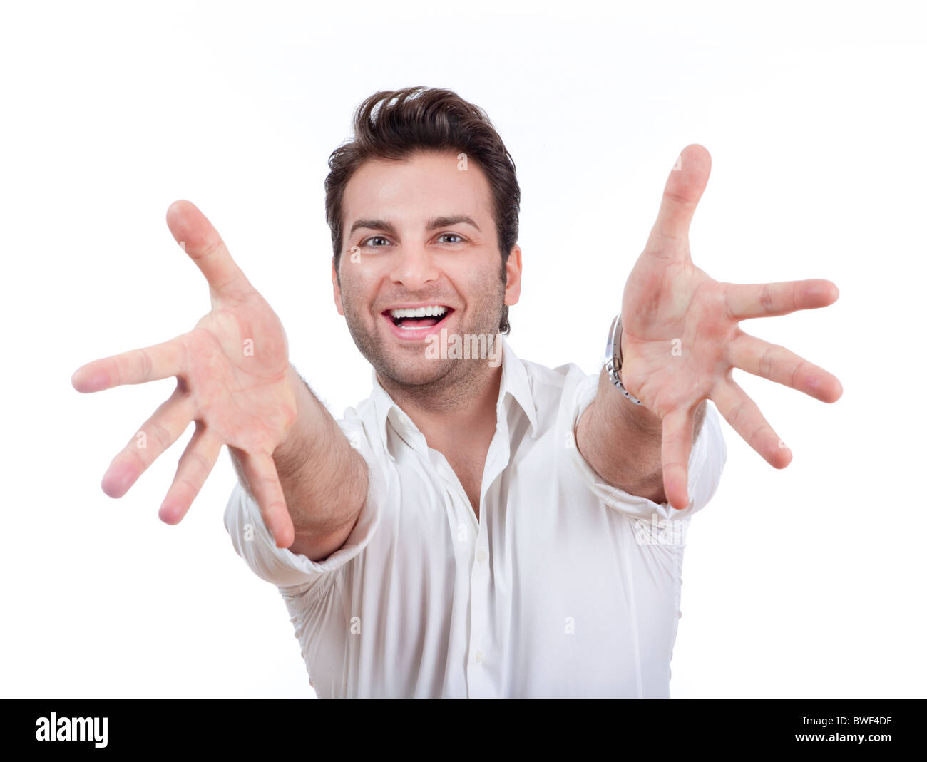 excited man in shirt with both arms outstretched toward camera ...