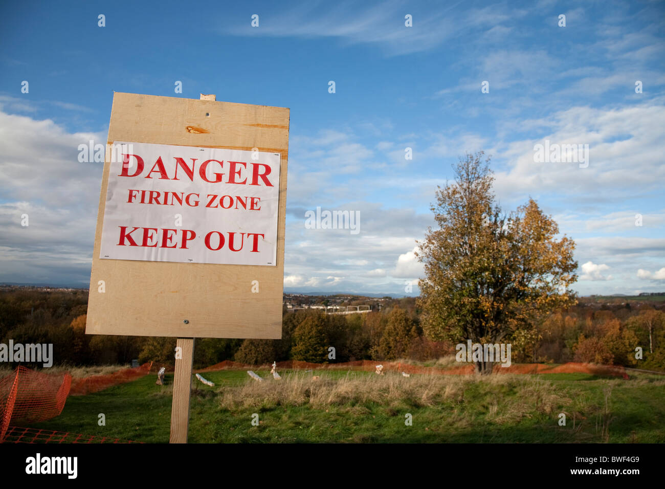 Warning sign at an organised firework display firing zone launch site ...
