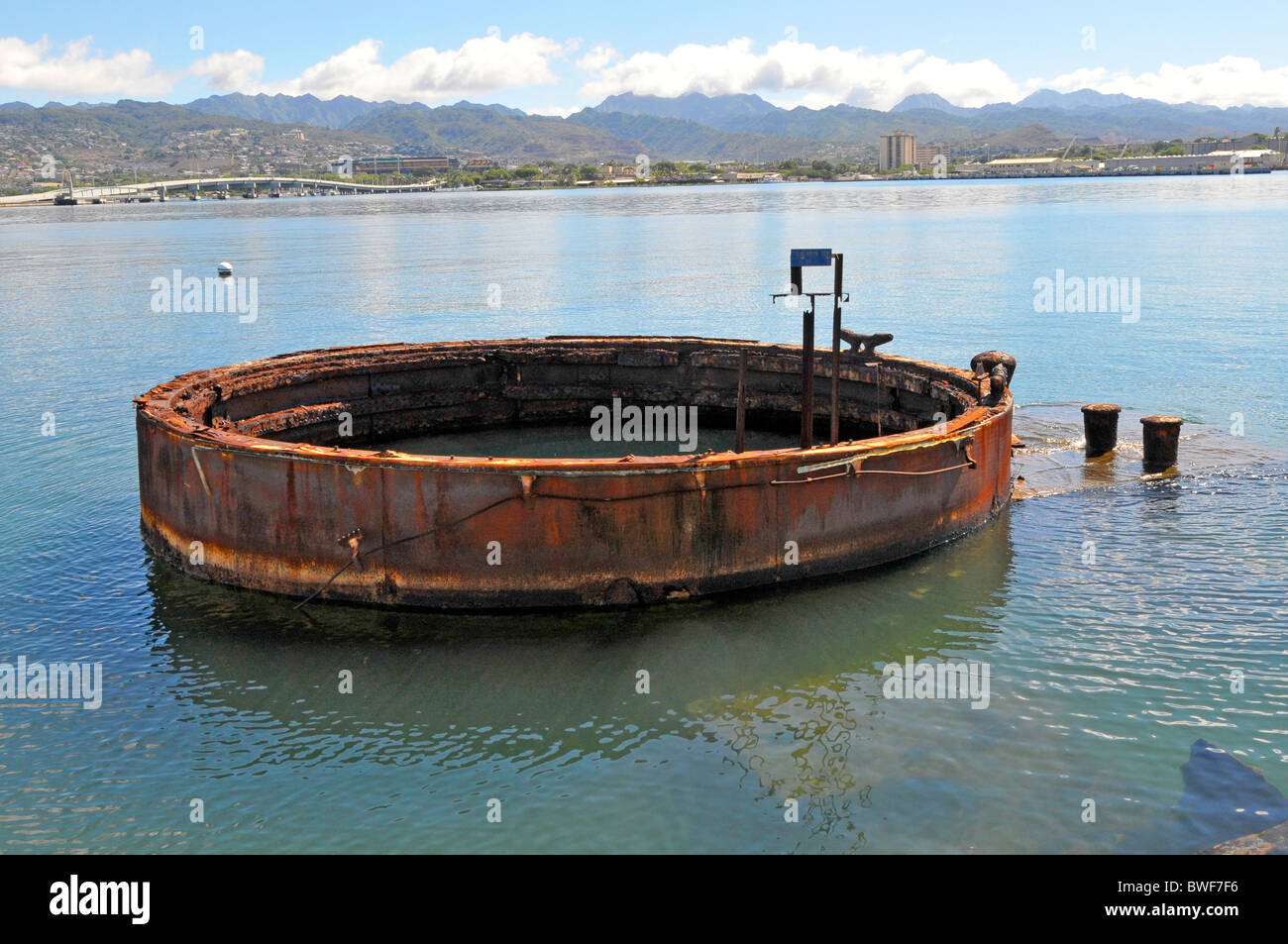 Rusty turret from sunken USS Arizona Memorial Pearl Harbor Pacific ...
