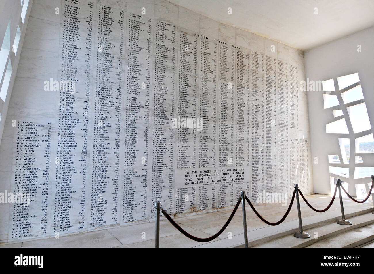 Wall listing fallen seamen USS Arizona Memorial Pearl Harbor Pacific ...