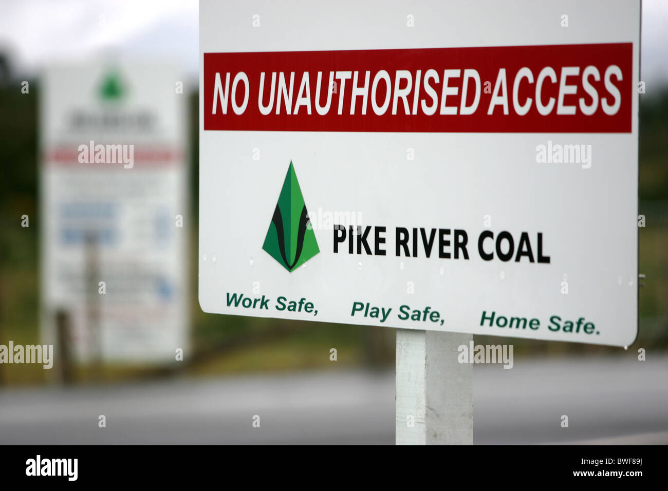 Sign outside the road to rail facility for the Pike River Coal mine ...
