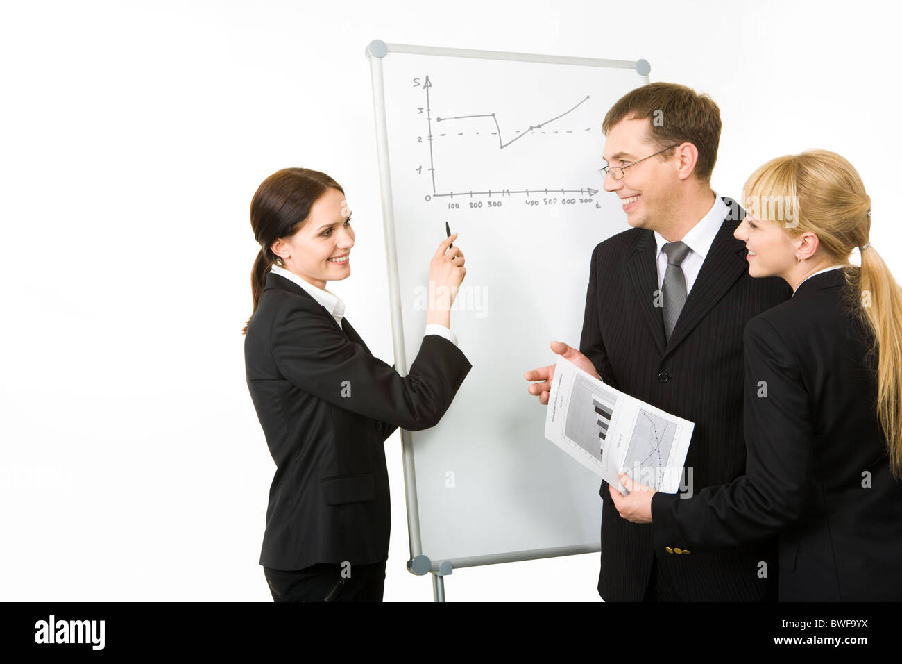 Portrait of business woman explaining her ideas to partners on the ...