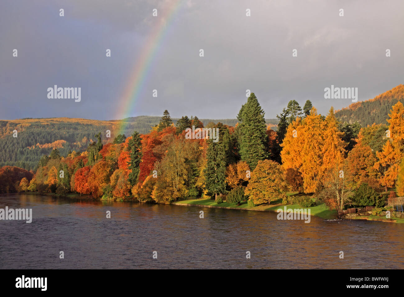 UK Scotland Tayside Perthshire River Tay at Dunkeld and rainbow Stock ...