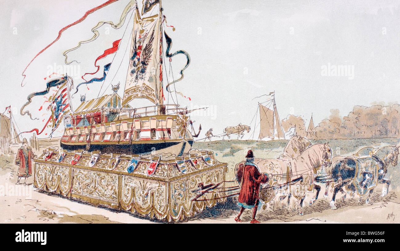 A royal barge being pulled on a wagon by horses to a canal in the 16th ...