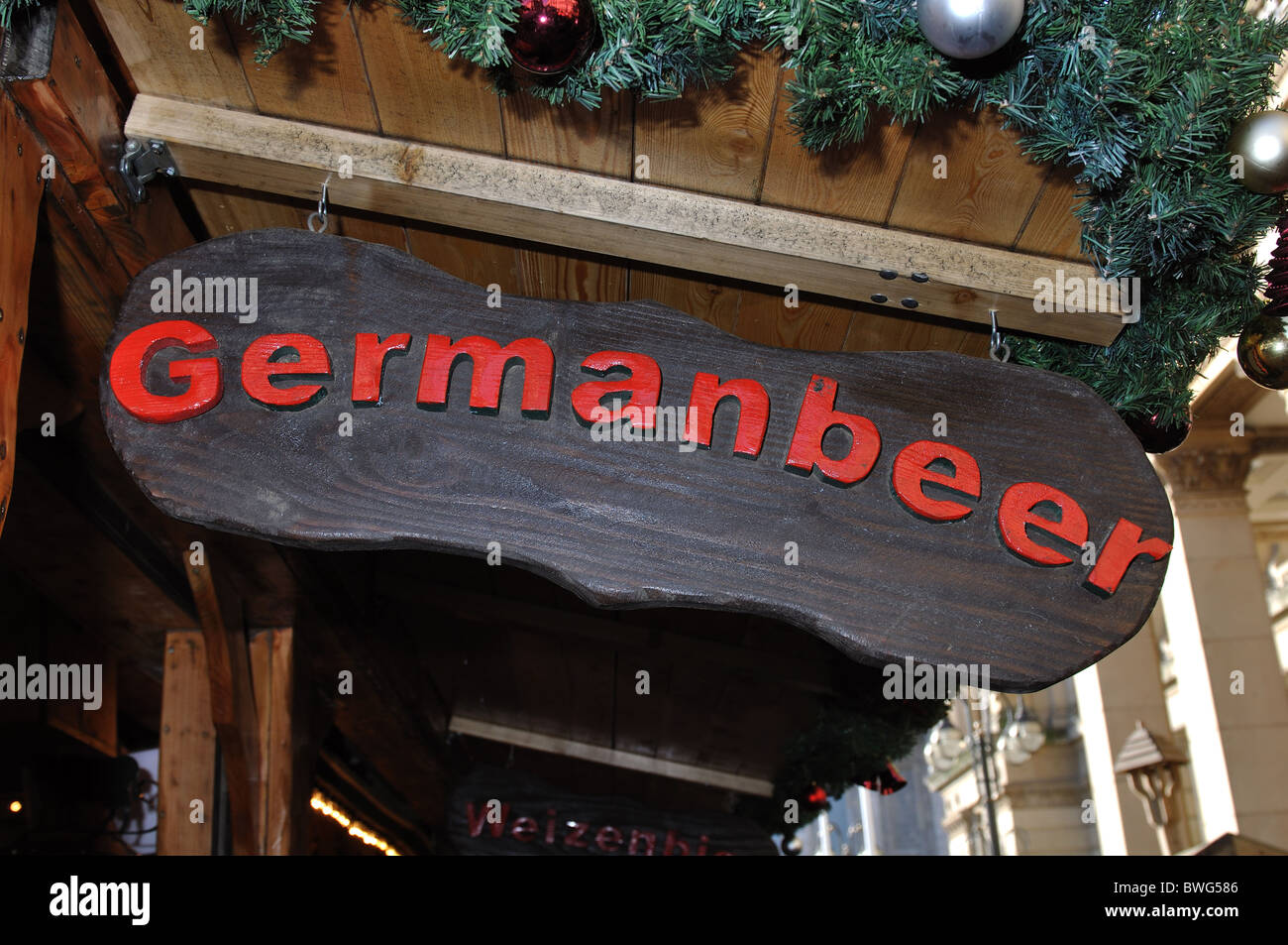 German beer sign at the Frankfurt Christmas Market, Birmingham, UK ...