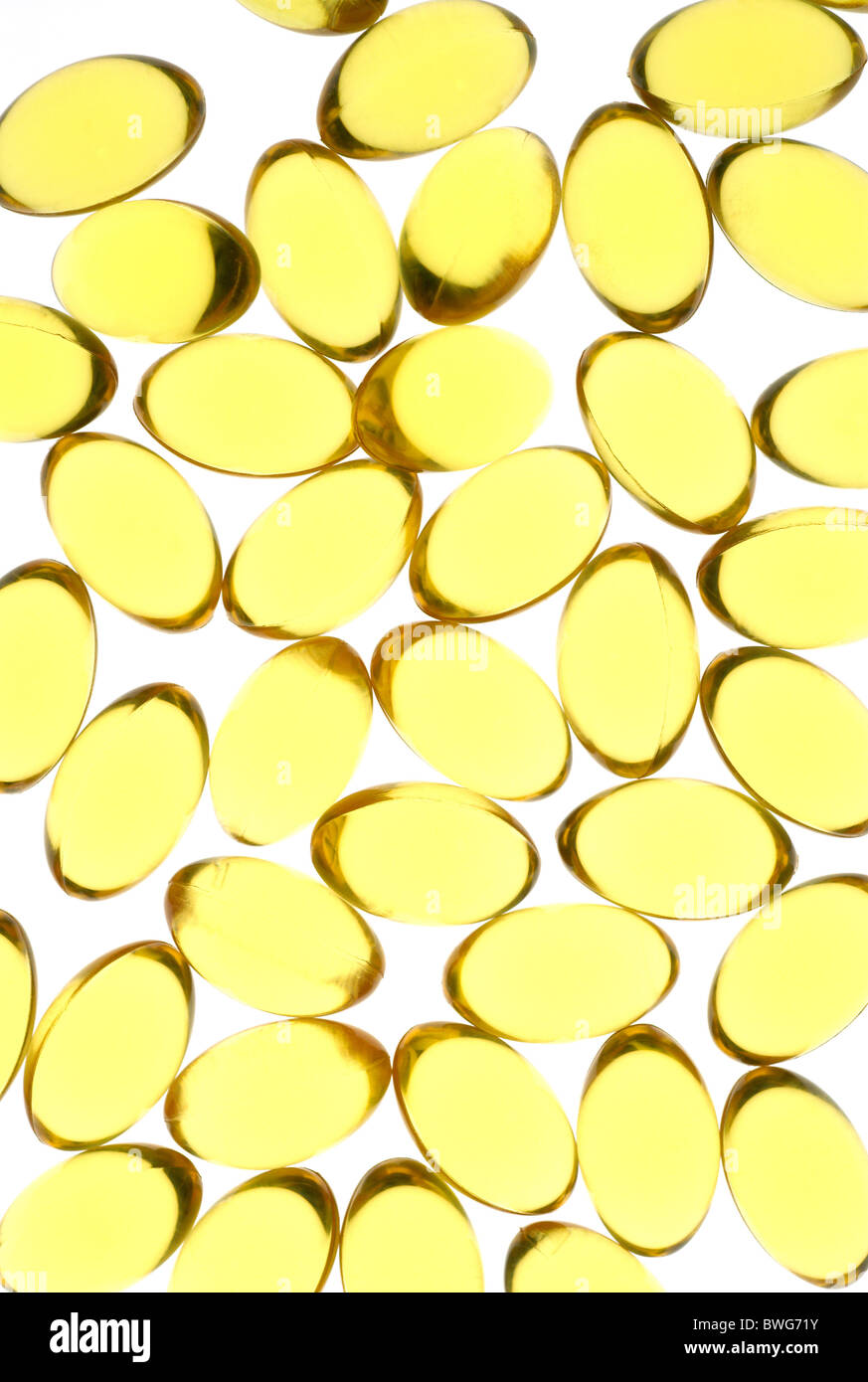 Close up of capsules containing high concentrate fish oil, rich in ...