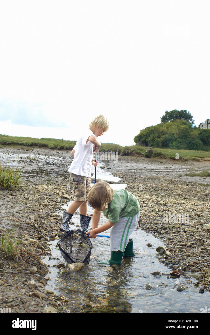 Two boys fishing with nets in a stream Stock Photo - Alamy