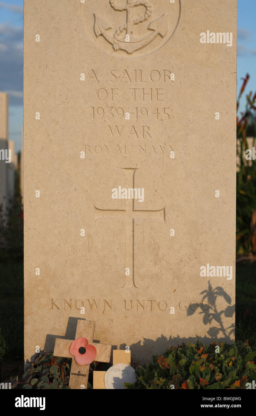 Close up of a a grave to 'A Sailor of the 1939-45 War'. Unknown unto God. Bayeux CWGC Cemetery ...