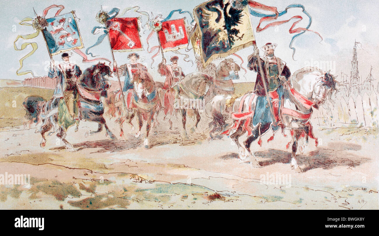Horsemen carrying banners of the Hanseatic League and of towns ...