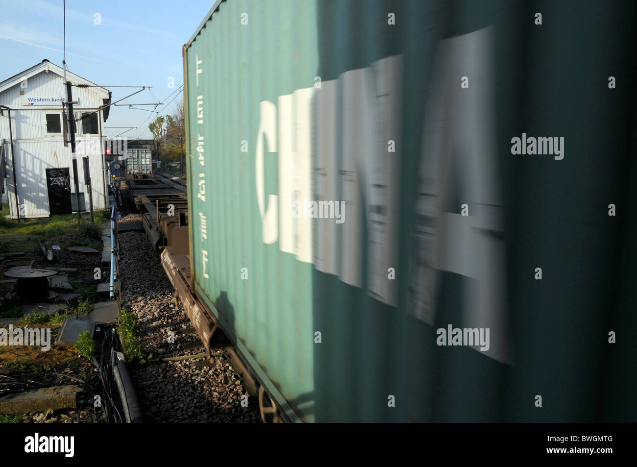 UK. CONTAINER CARRYING GOODS FROM CHINA ON FREIGHT TRAIN IN LONDON ...