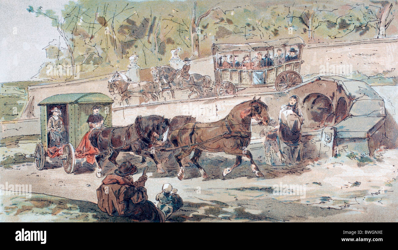 17th century transport scene. A public carriage in the background and a ...
