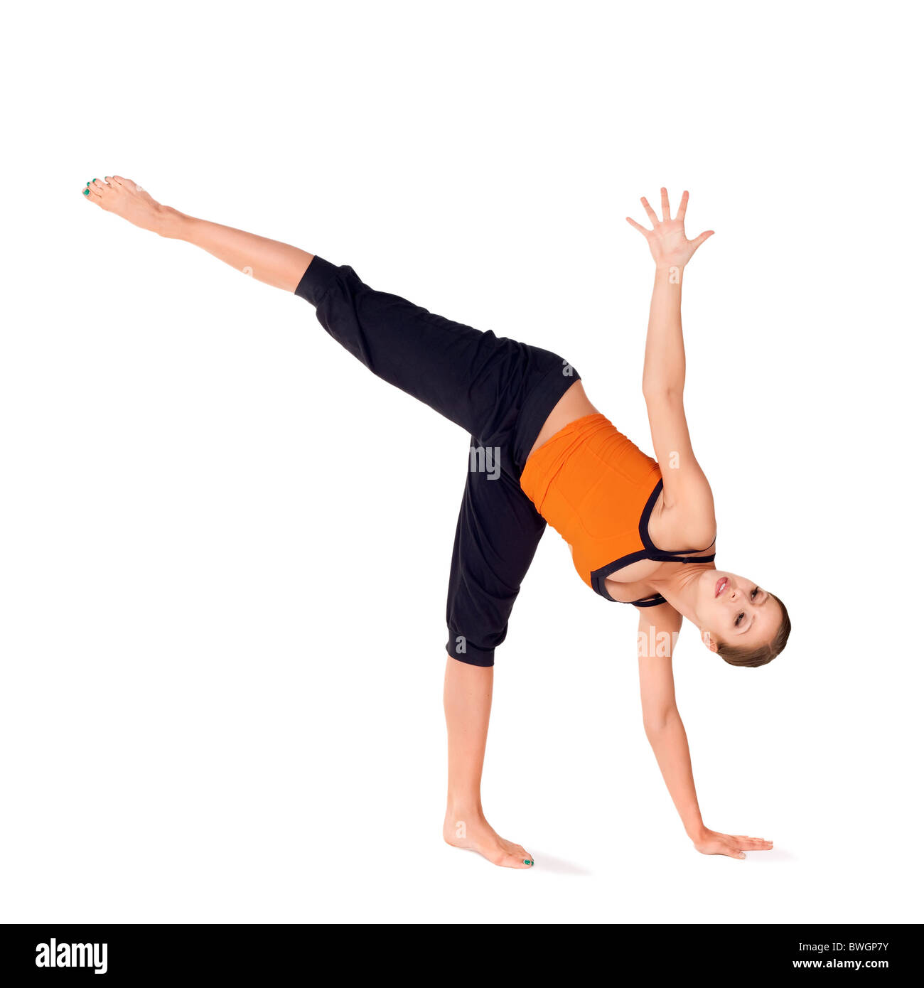 Woman practicing yoga exercise called Half Moon Pose, Sanskrit name ...
