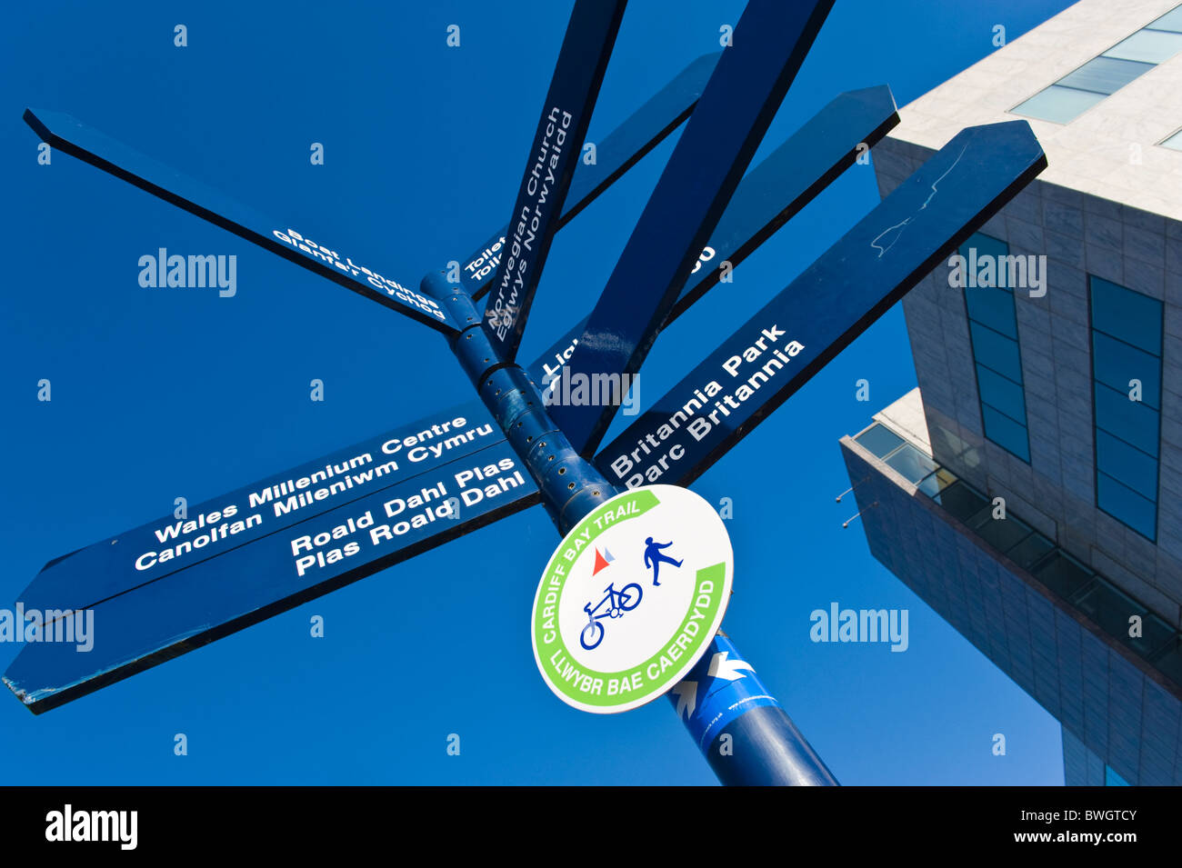 Cardiff Bay Trail sign on signpost for walking and cycling route around ...