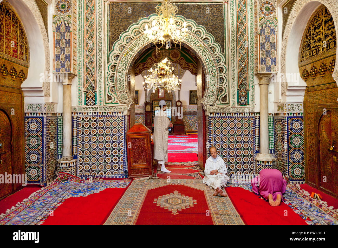 Interior decor of a mosque in the Medina, old city of Fes, Morocco ...