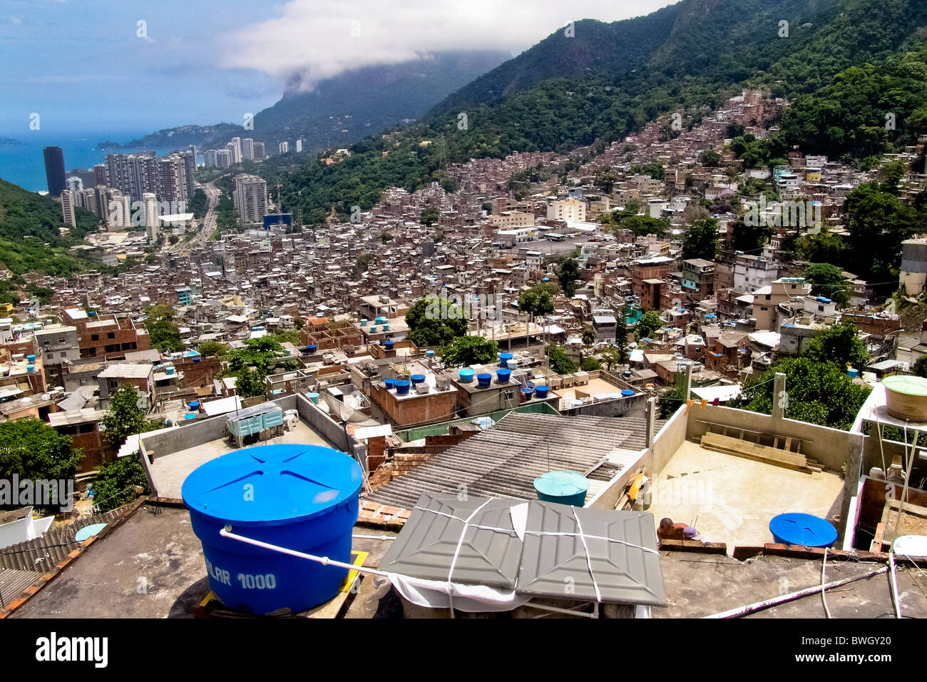 Rocinha, the largest slum in Brazil, built on a steep hillside ...