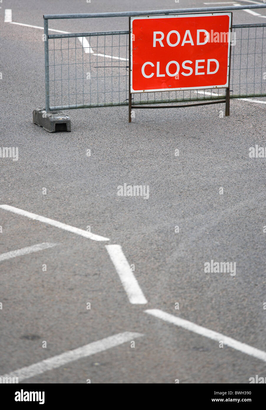 Transport, Road, Signs, Red Road Closed Traffic sign on barrier across ...
