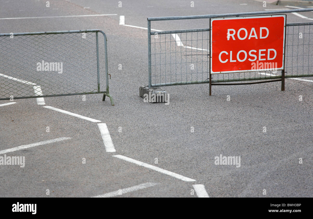 Transport, Road, Signs, Red Road Closed Traffic sign on barrier across ...