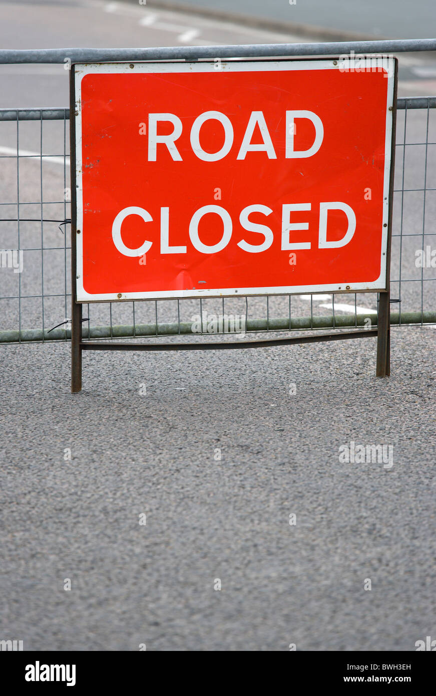 Transport, Road, Signs, Red Road Closed Traffic sign on barrier across ...